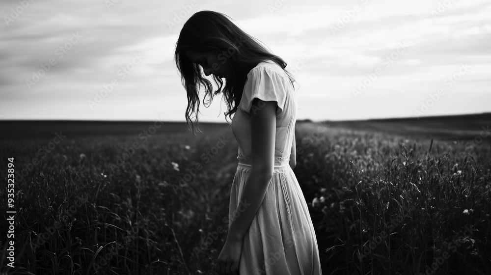 Girl standing in a field, her dress slightly flowing as she looks down ...
