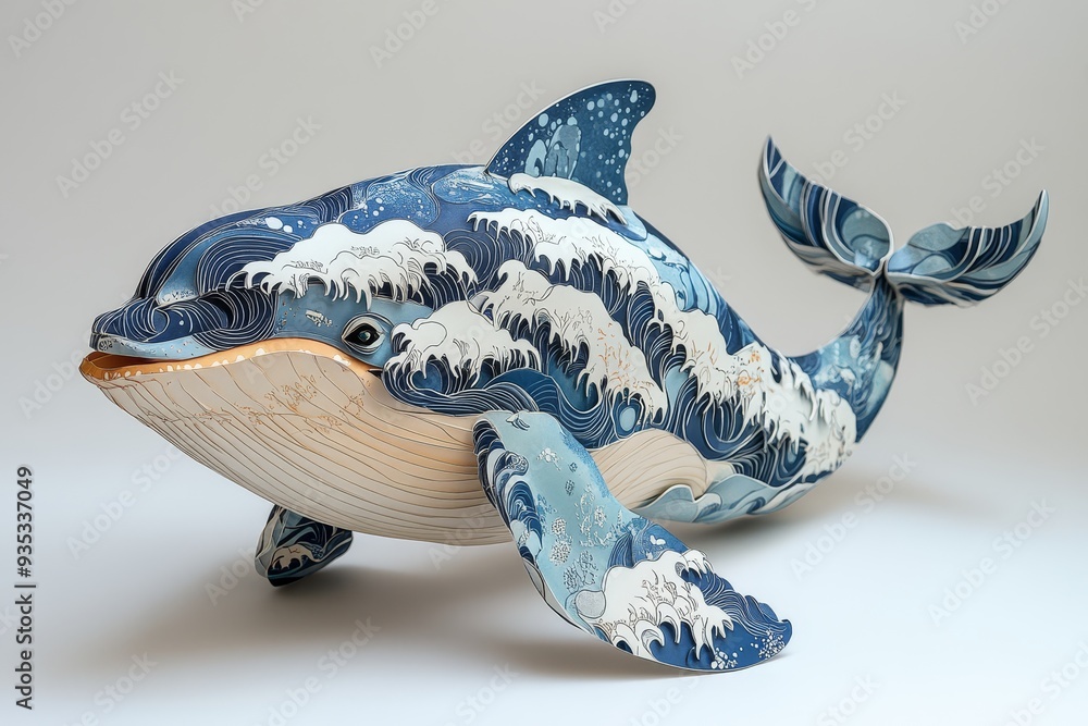 3D paper model of a whale with pastel blue grey an 0018 turtle, animal ...