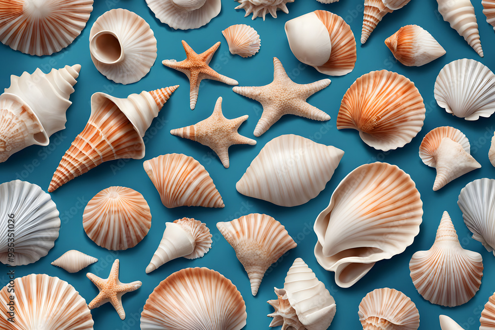 Seamless pattern, various types of shells and sea stars on a bright ...