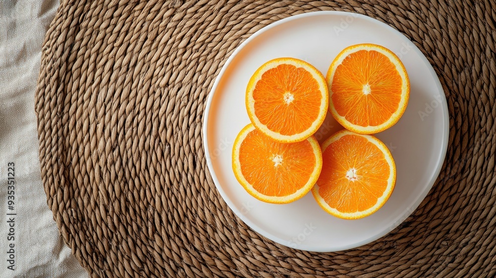 Fresh orange fruit elegantly arranged on a minimalist white plate, set ...