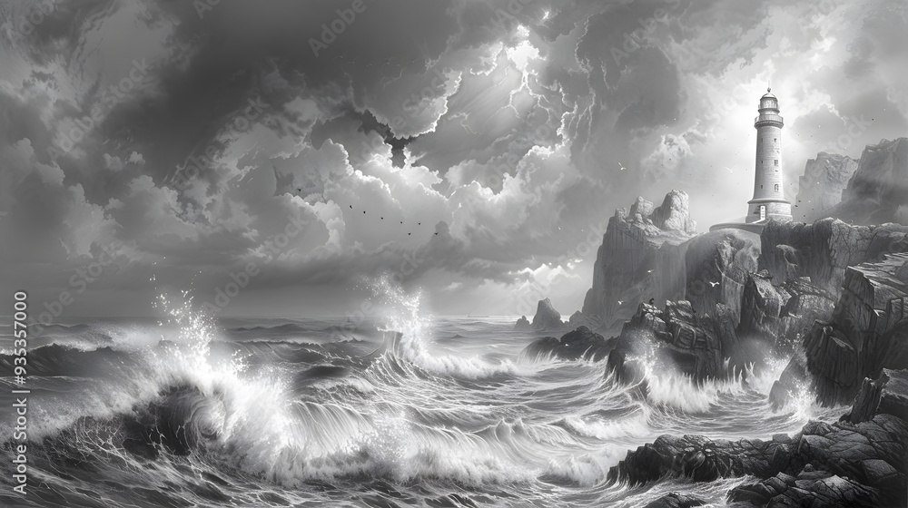 A dramatic pencil drawing of a stormy seascape, with waves crashing ...