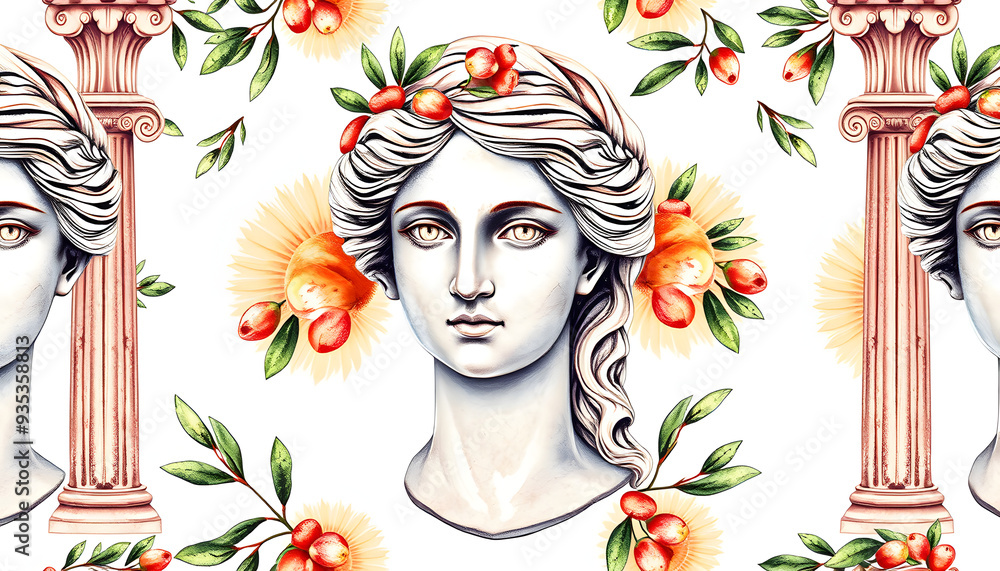 Beautiful Seamless Pattern With Antique Statue Head Bust Of The Greek Goddess Aphrodite And
