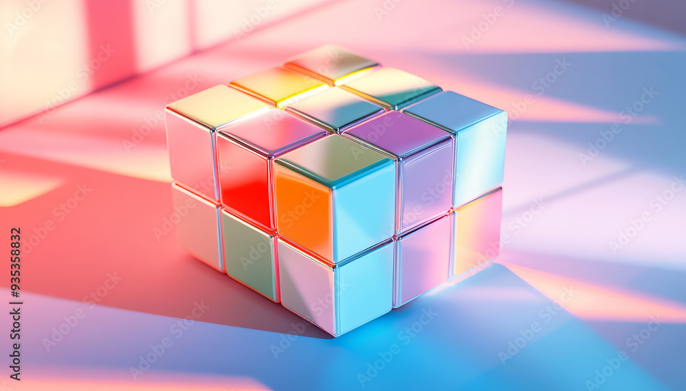 A 3x3 cube puzzle with a custom color scheme featuring pastel or neon ...