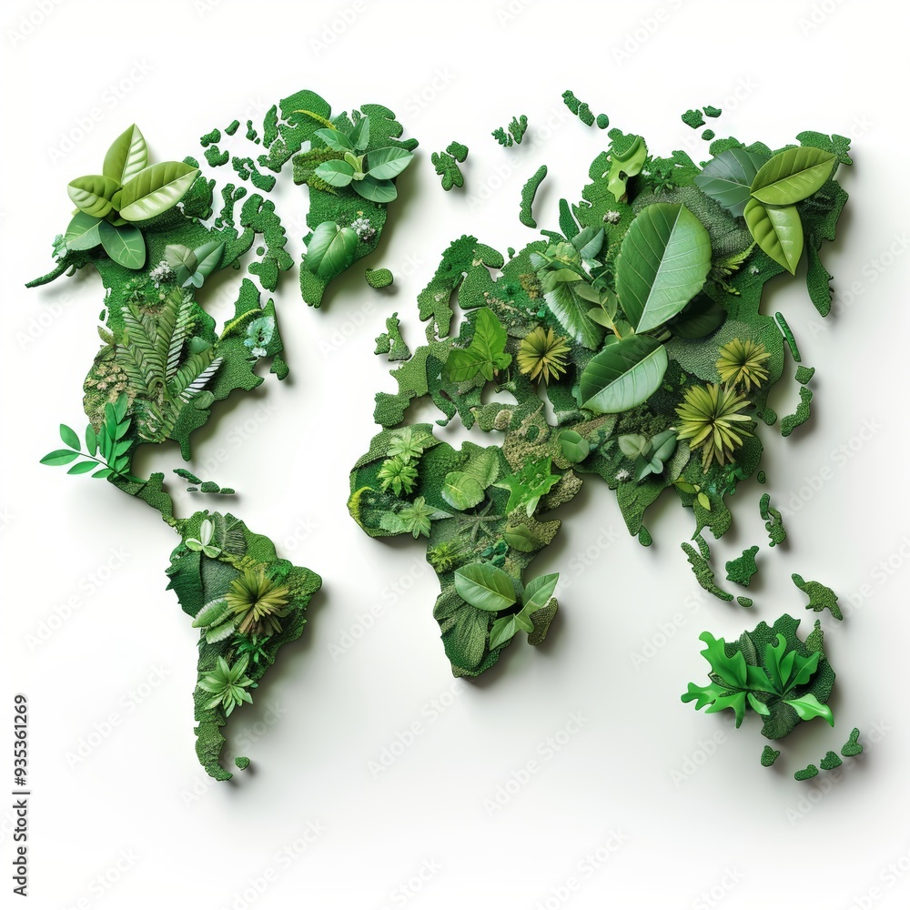 Cartoon 3D world map with green leaves representing different ...