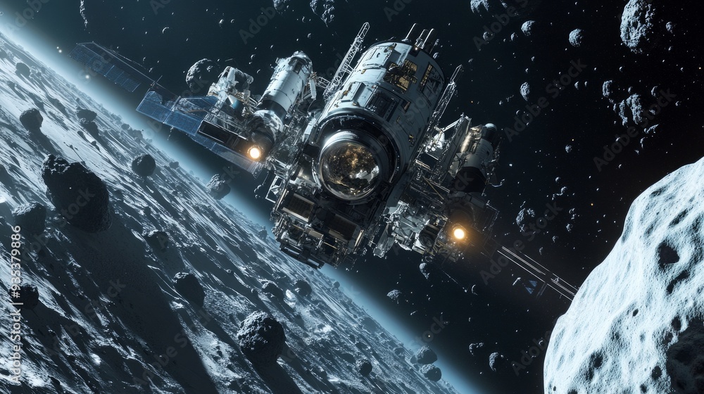 A stunning spacecraft hovers above the surface of a detailed asteroid ...