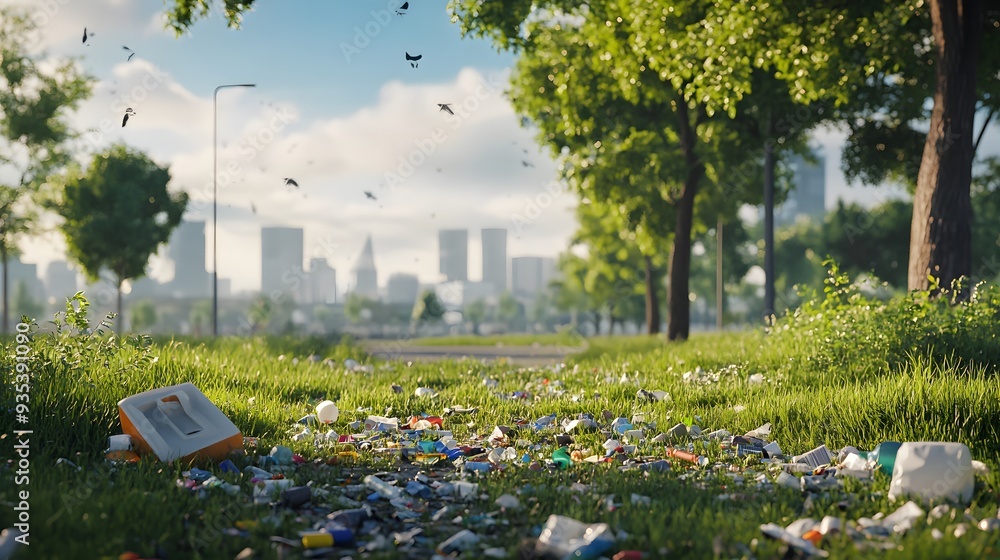 99. 3D visualization of a city park with litter and waste affecting ...
