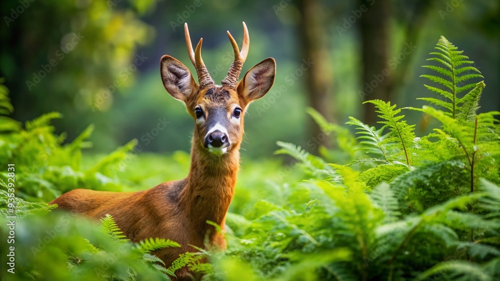 A majestic roe deer with large eyes and white rump patch stands alert ...