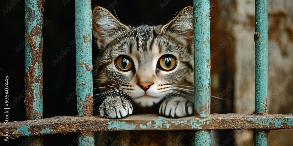 cat prison - cats behind bars in the pound captured by animal control ภาพถ่ายสต็อก | Adobe Stock