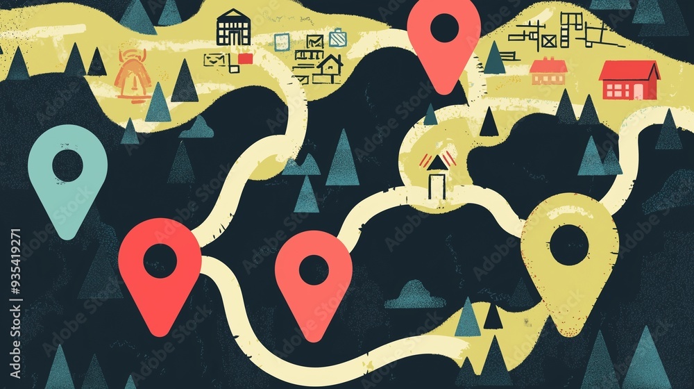 Illustrated map with route markers, buildings, and trees, symbolizing ...