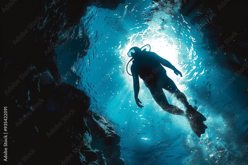 Scuba diver explores deep underwater cave illuminated by rays of ...