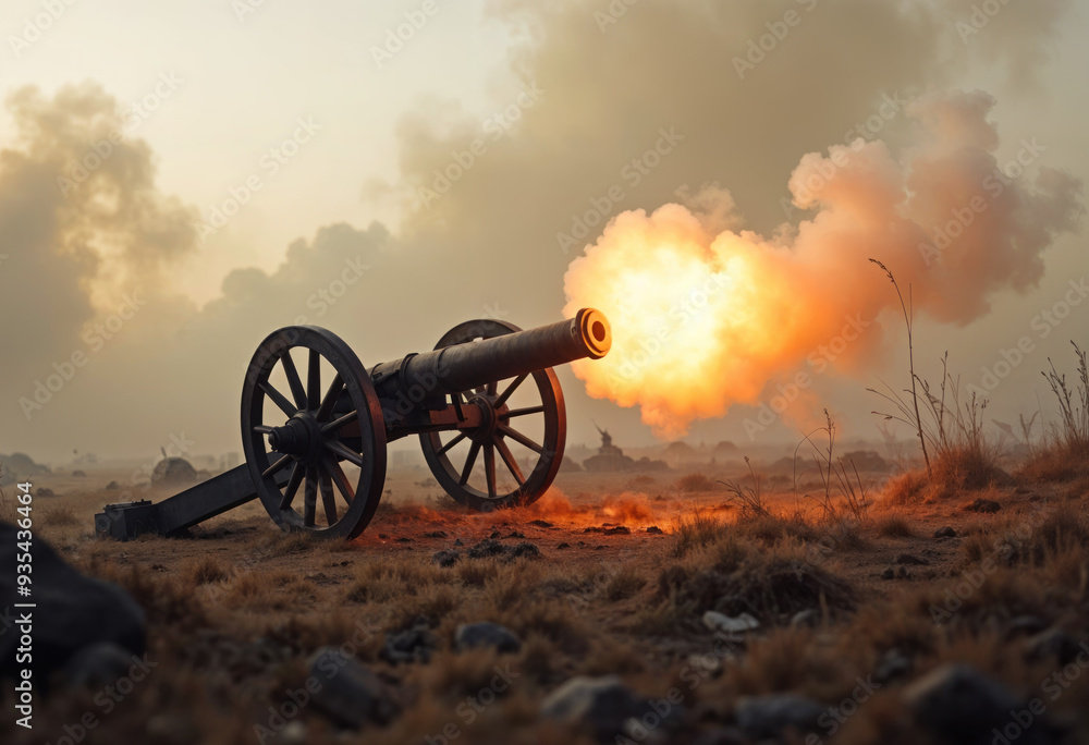 Artillery cannon firing in battlefield, smoke and dust, World War II ...
