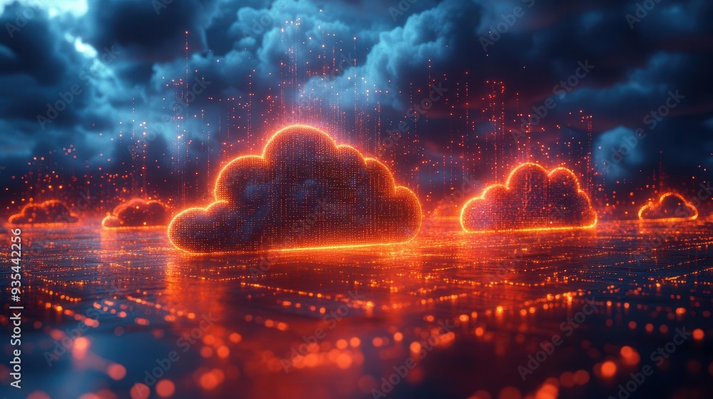 futuristic data center visualized as a sprawling network of luminous clouds interconnected by ...