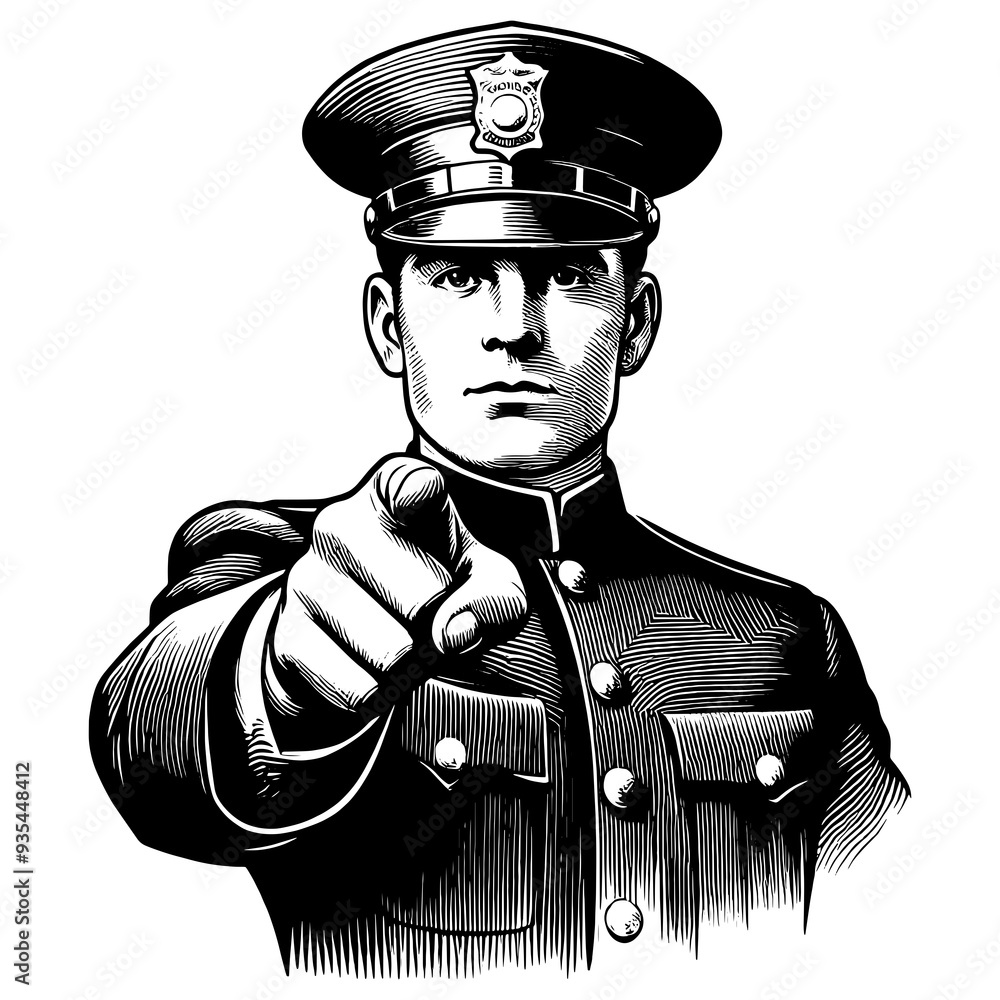 stern police officer pointing directly forward, symbolizing authority ...