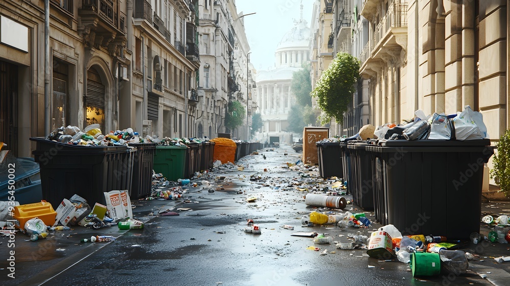 45. 3D depiction of a city street with overflowing trash bins and ...