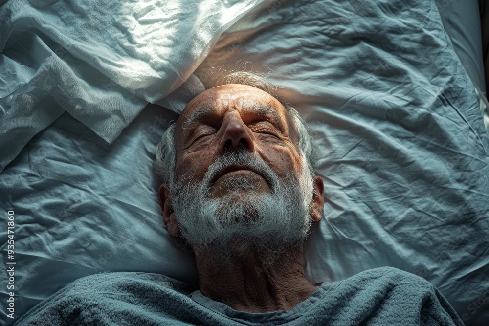 A top down view of an elderly male man laying flat on a bed in a ...