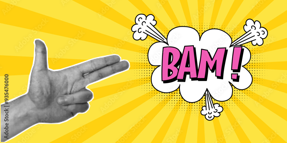 Halftone collage, hand gesture in the shape of a gun, speech bubble ...