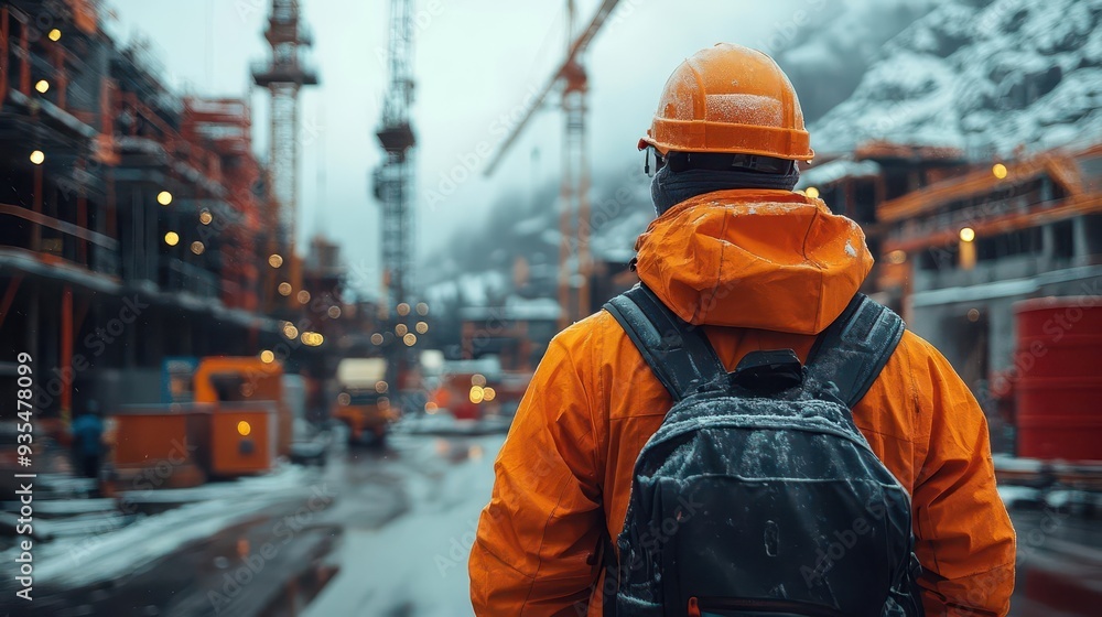civil engineer in protective gear surveying a bustling construction ...