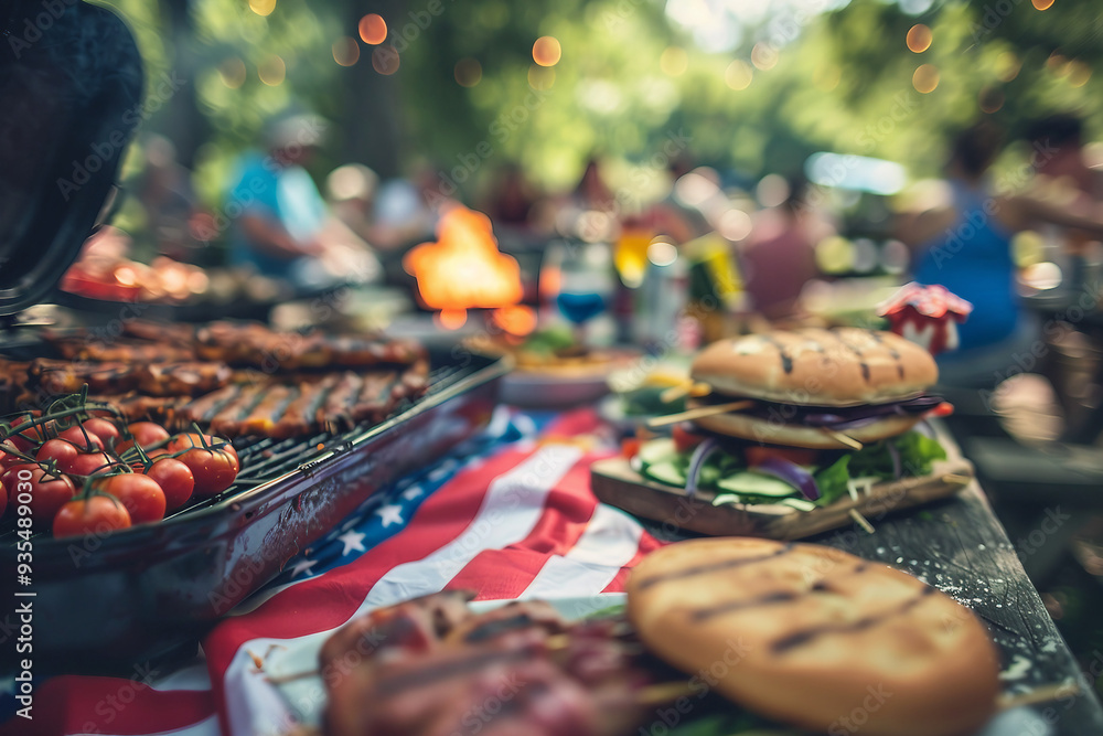 4th of July barbecue scene group of friends or family enjoying the food ...