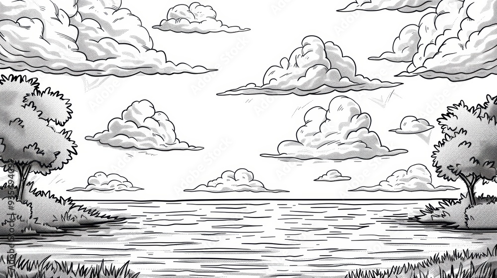 A peaceful coloring book page featuring a serene landscape with fluffy ...