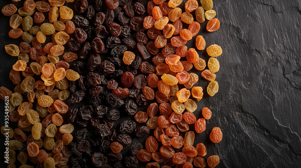 Various types of raisins arranged on a black stone background create a ...