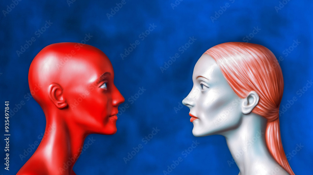 Two stylized human profiles, one in red and one in silver, face each ...