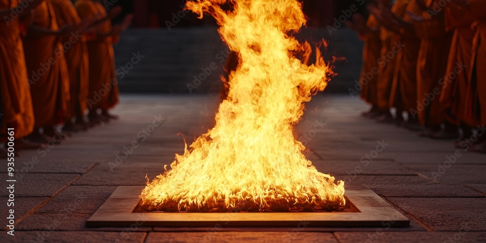 A ceremonial fire in a temple courtyard, with monks chanting and making ...