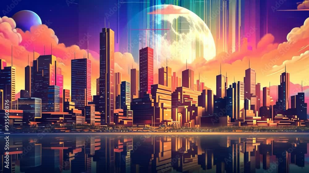 3d city sunset, retro view sci fi background with ocean reflection in ...