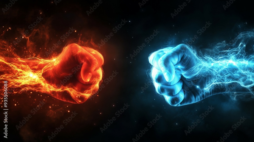 Two clenched fists with mysterious energy facing each other , concept ...