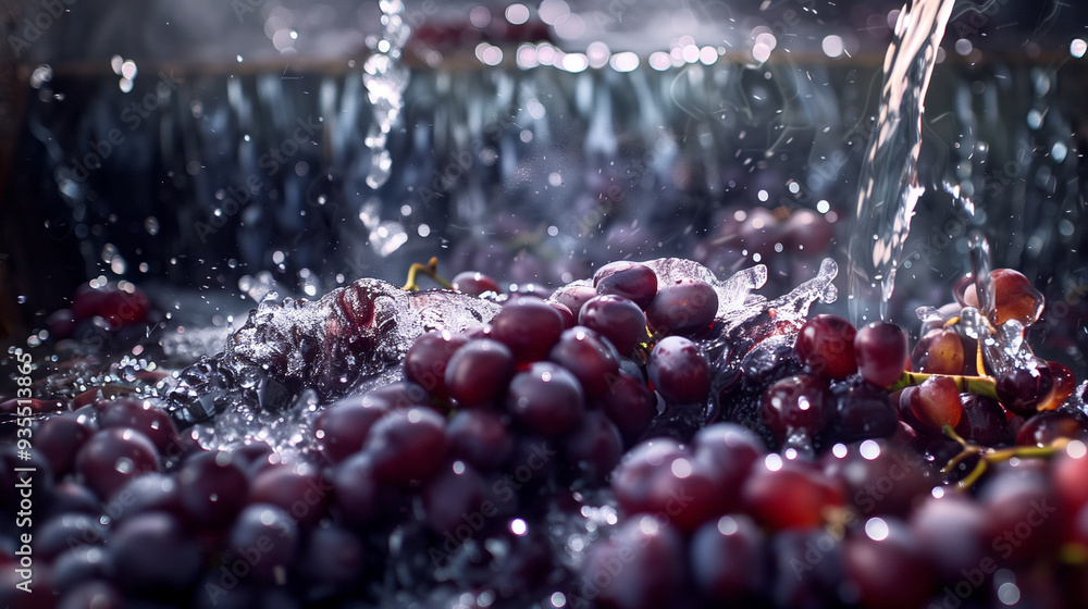 The process of washing red grapes before winemaking, water running down the grapes, creating ...