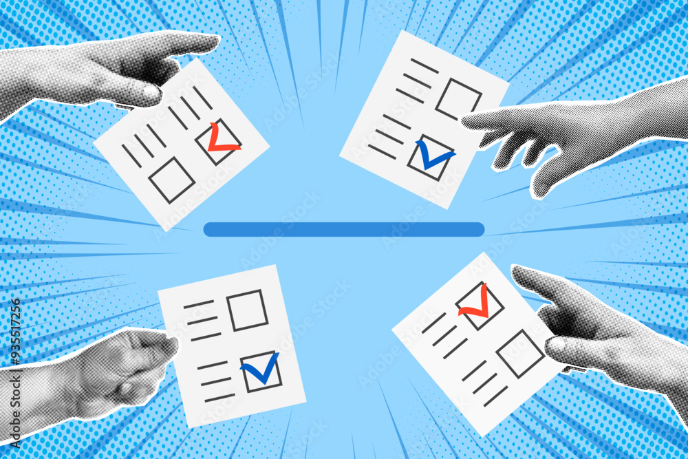 Collage with halftone hands puts down ballots on voting box. Election ...