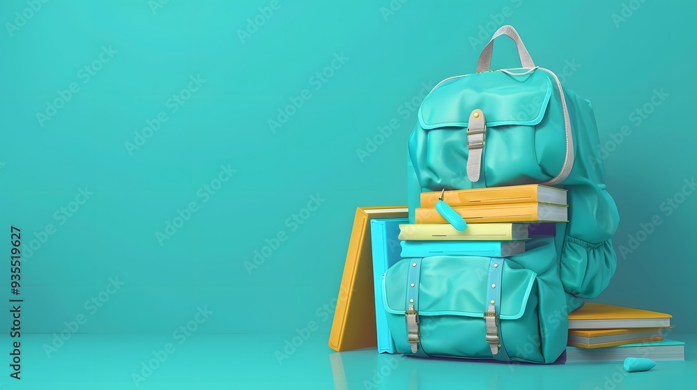 Full school backpack with books isolated on PNG background with copy ...