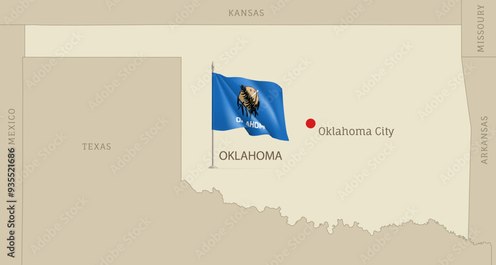 Map of Oklahoma USA federal state with waving flag. Highly detailed ...