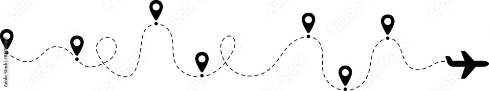 Plane icon with dotted line. Flight transport symbol. Airplane icon ...
