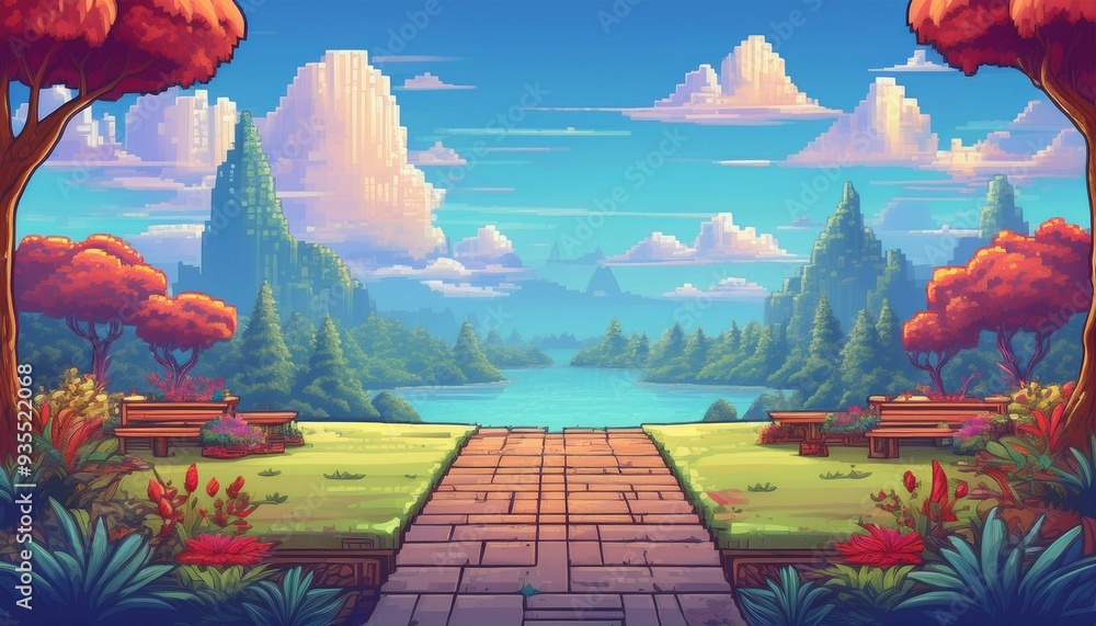 Pixel art design with retro style outdoor background for a colorful in ...