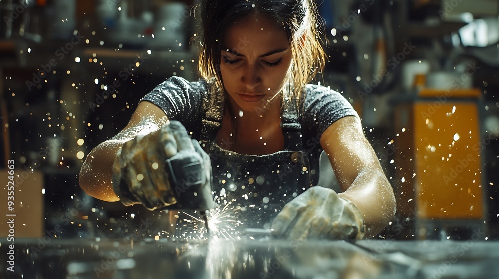 Young Contemporary Female Artist is Grinding Her Metal Tube Sculpture ...