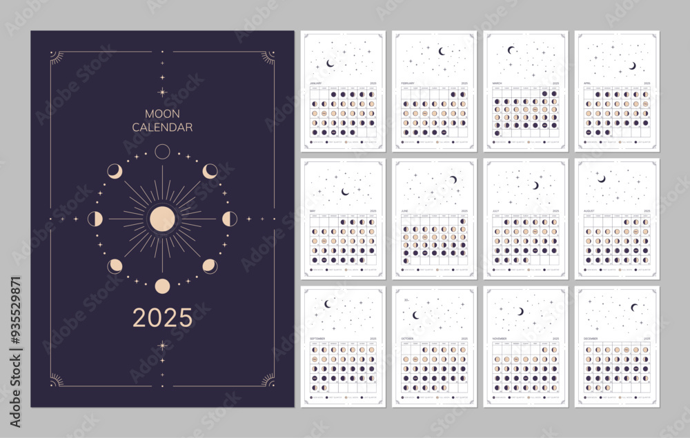 Moon calendar for the year 2025, lunar cycle planner template, lunar ...