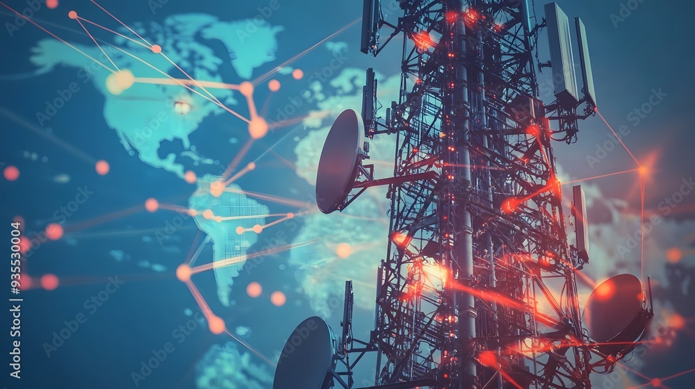 A close-up of a telecommunications tower with satellite dishes and ...