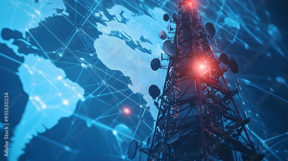 A close-up of a telecommunications tower with satellite dishes and ...