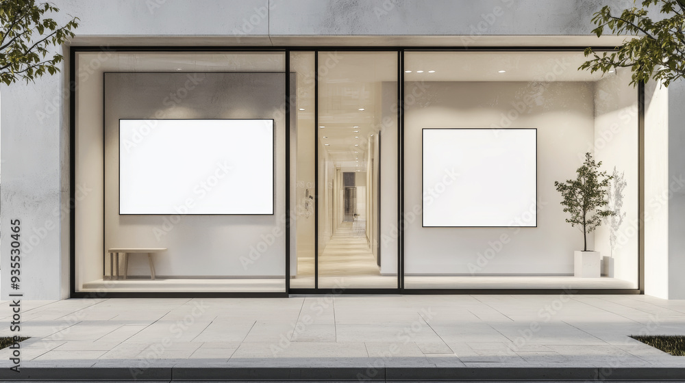Modern storefront with large glass windows displaying blank white ...