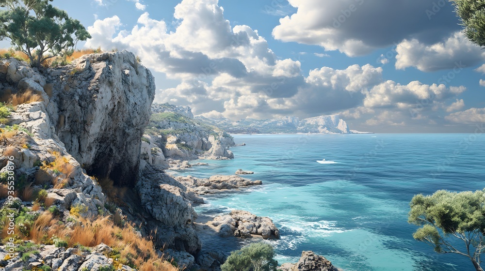 47. Detailed 3D representation of a picturesque coastal cliff with ...