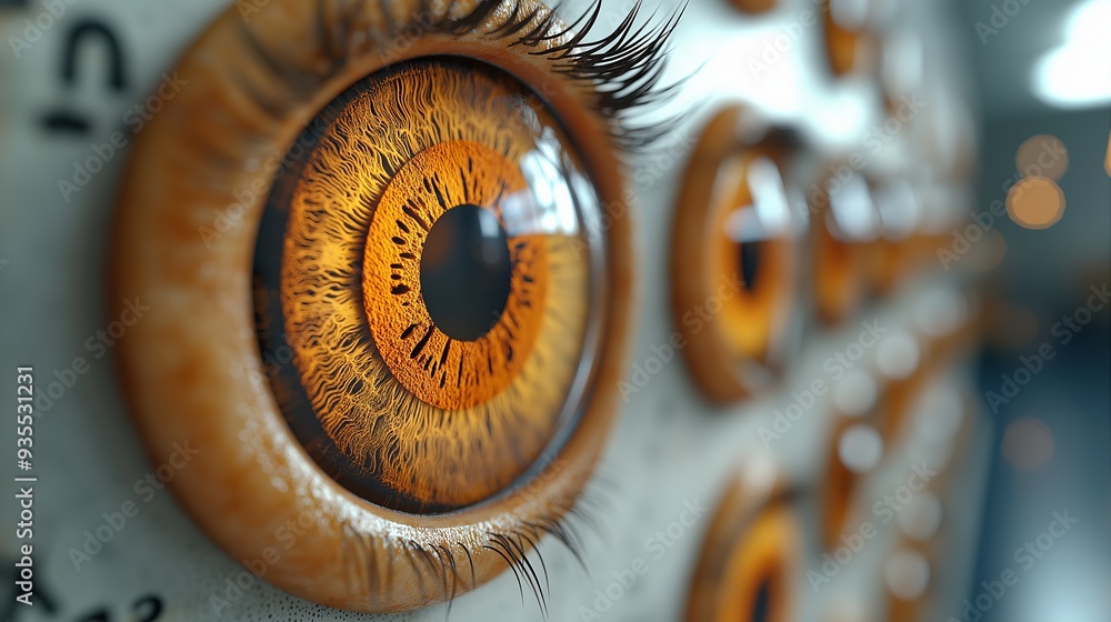 Artistic display of an orange eye model on an ophthalmology chart ...