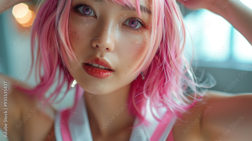 Beautiful Japanese model in a pink wig and bright school uniform ...
