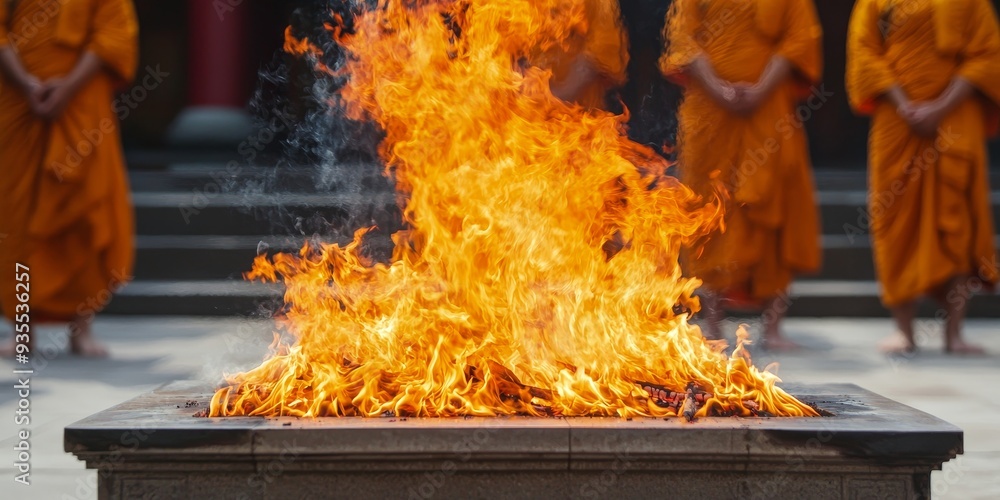 A ceremonial fire in a temple courtyard, with monks chanting and making ...