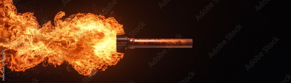 A flamethrower in action, with a jet of fire shooting out and igniting ...