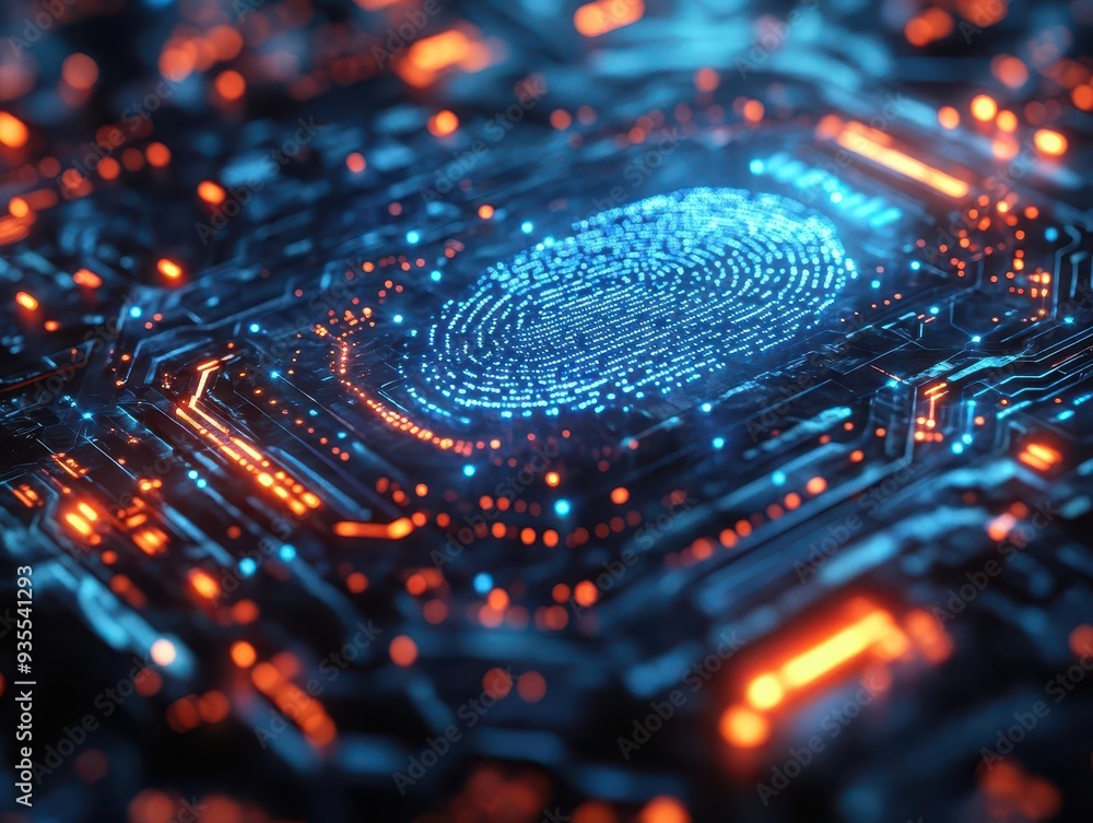 futuristic cybersecurity concept featuring a glowing blue fingerprint ...