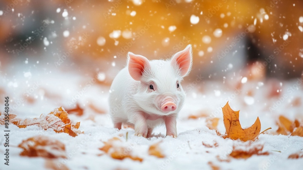 horizontal image, cute piglet on a fall background. farm animal welfare ...