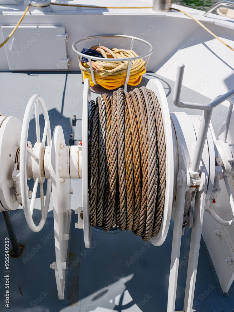 Fastening, securing, steel cable on a reel, ship's equipment, rigging ...