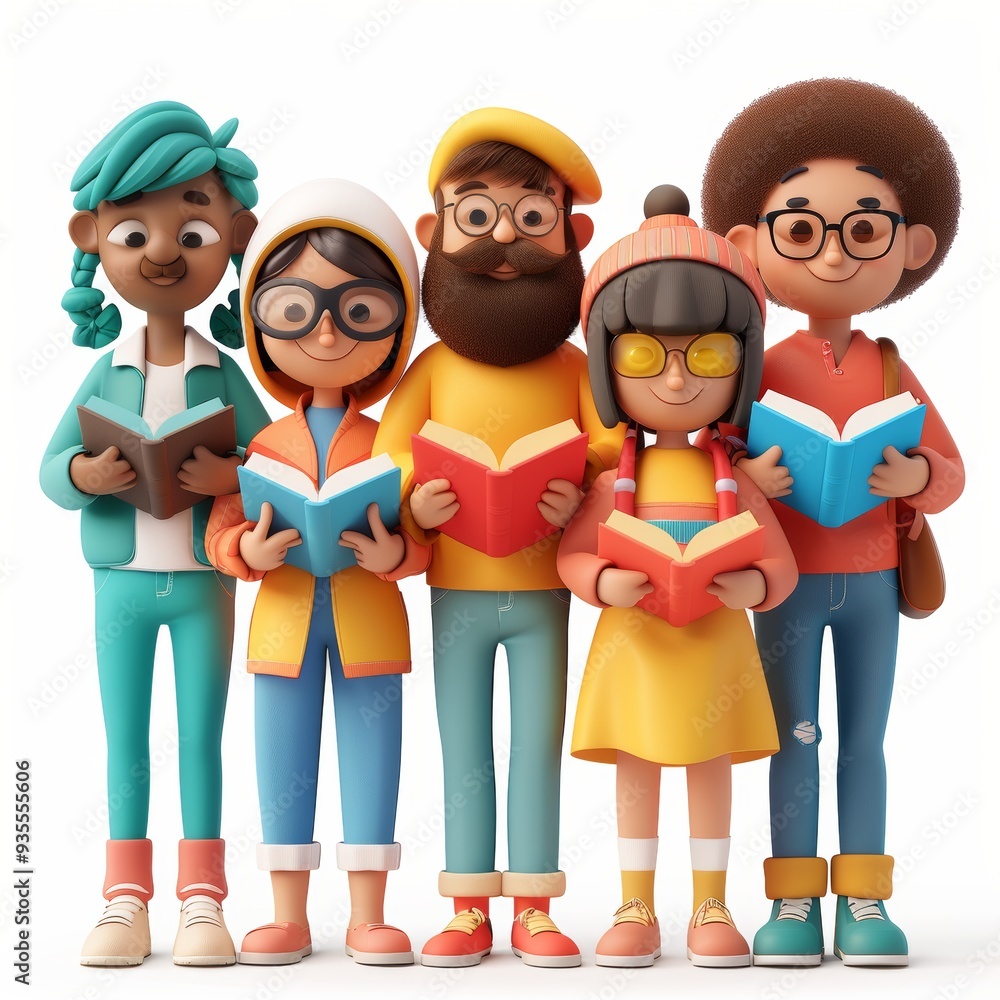 Cartoon 3D group of diverse people sharing books and reading together ...