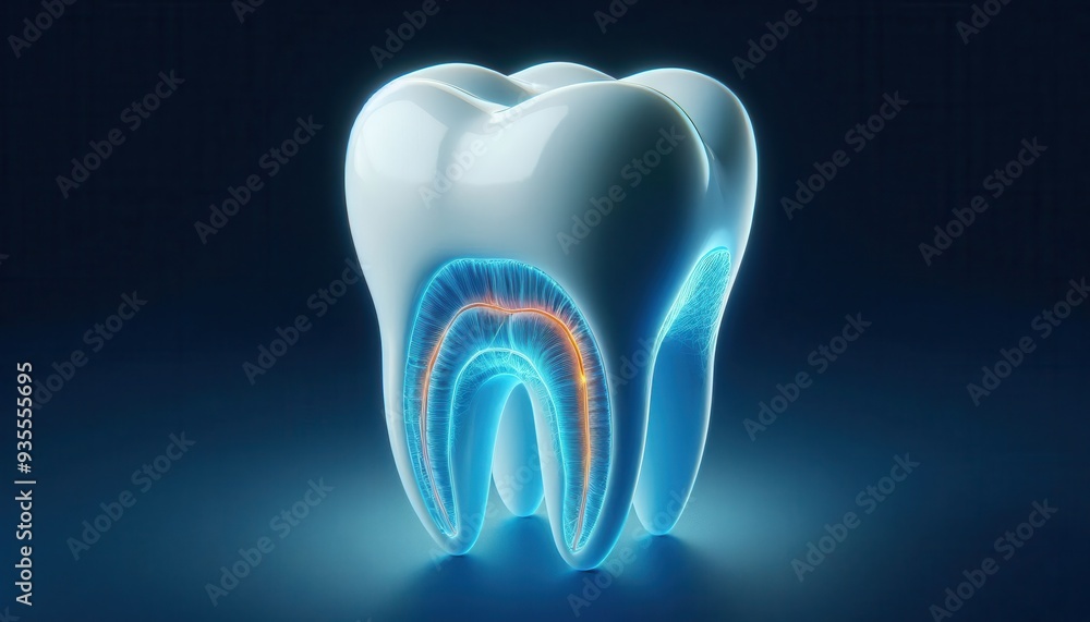 Tooth with glowing root canal system. Illustrates endodontic treatment ...