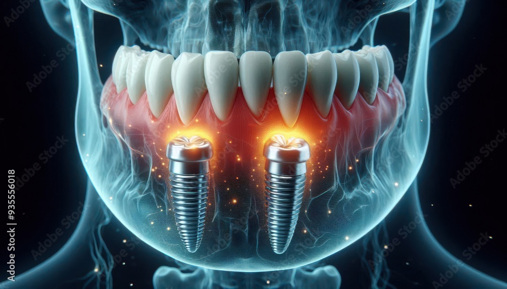 Dental implants surgically placed in jawbone. Demonstrates dental ...